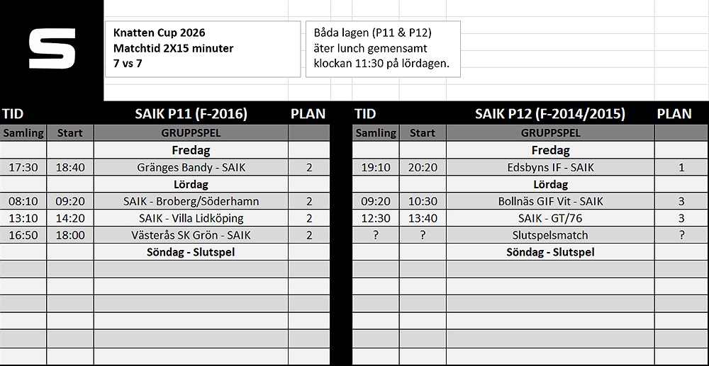 Spelschema & Samlingstider Knatten 2026 / Sandvikens AIK BK - P11 ...