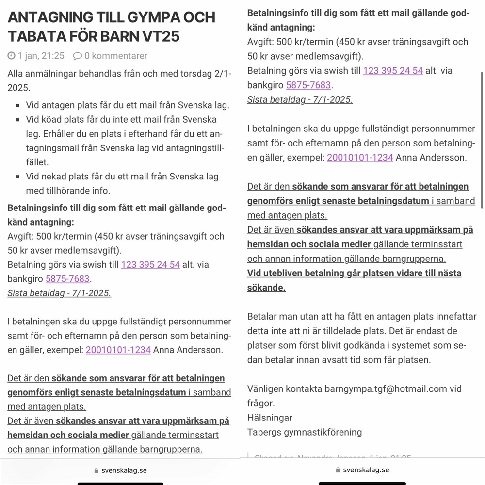 Tisdag 7/1-2025 är sista betaldag för gympa och tabata för barn ...